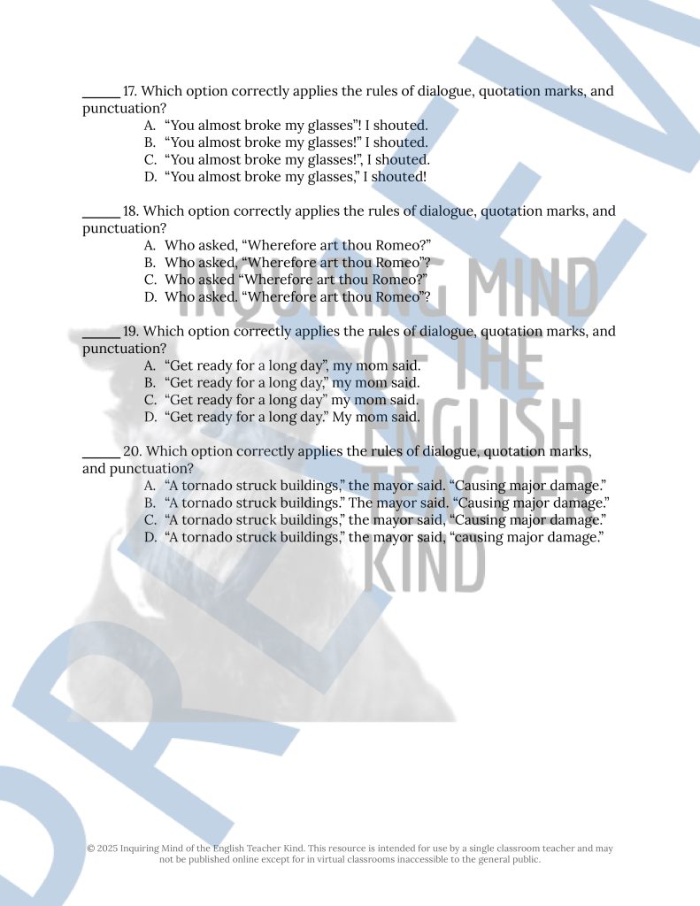 Grammar Review Practice Worksheet on Quotations and Punctuation Marks ...