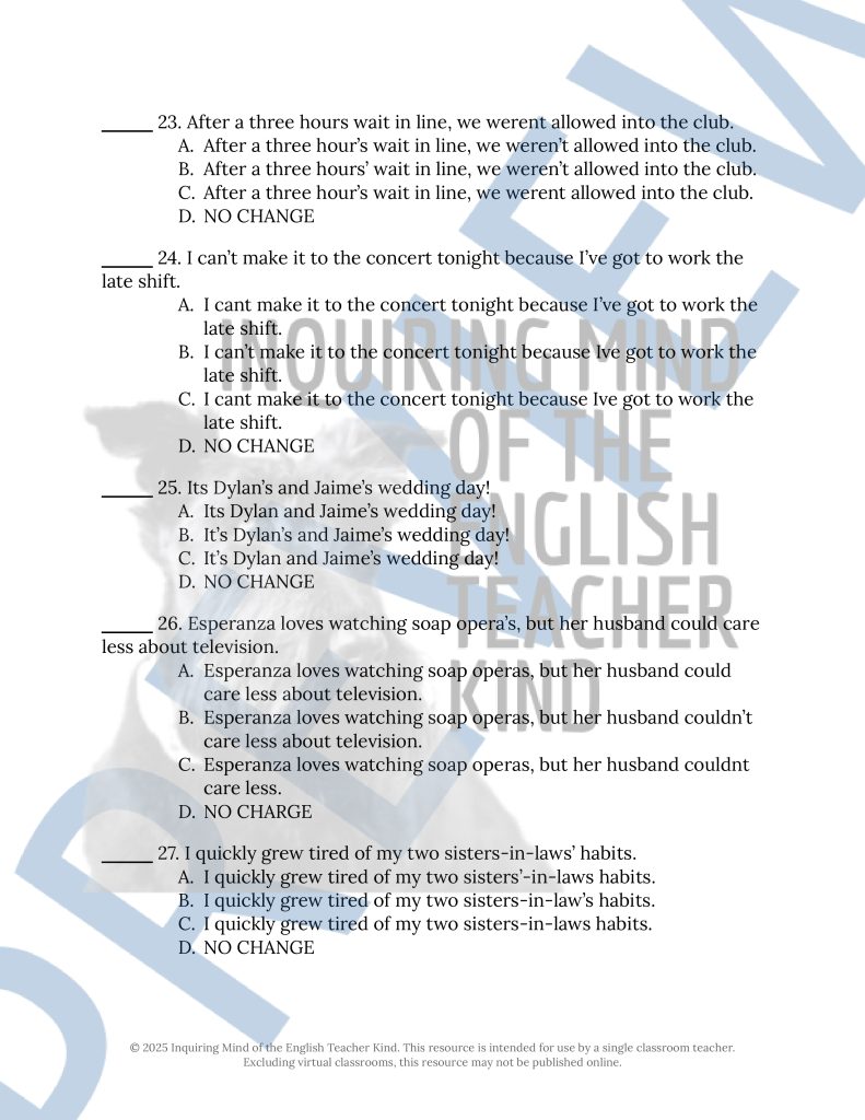 High School Grammar Review Practice Worksheet on Apostrophe Usage with ...
