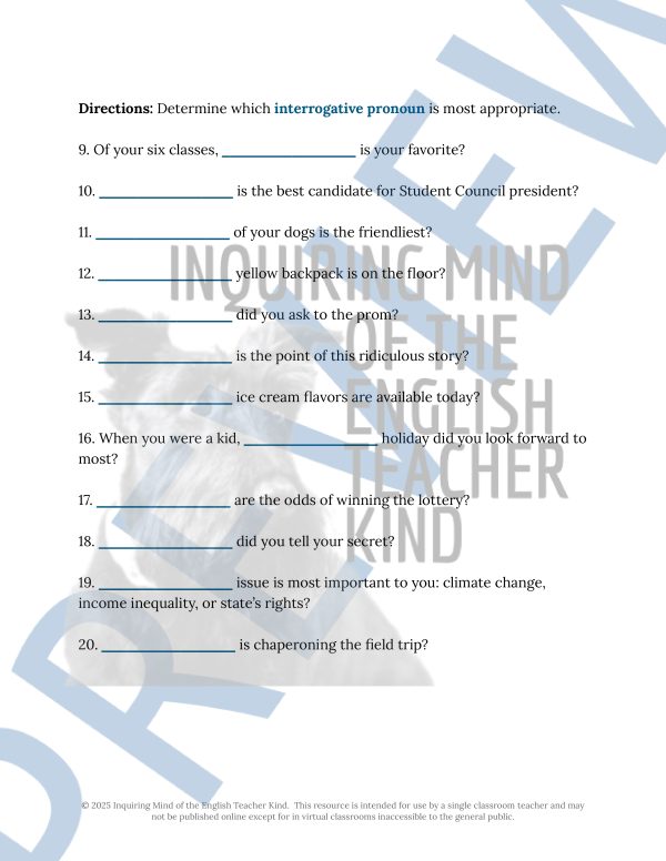 Grammar Review Practice Worksheet on Demonstrative and Interrogative ...