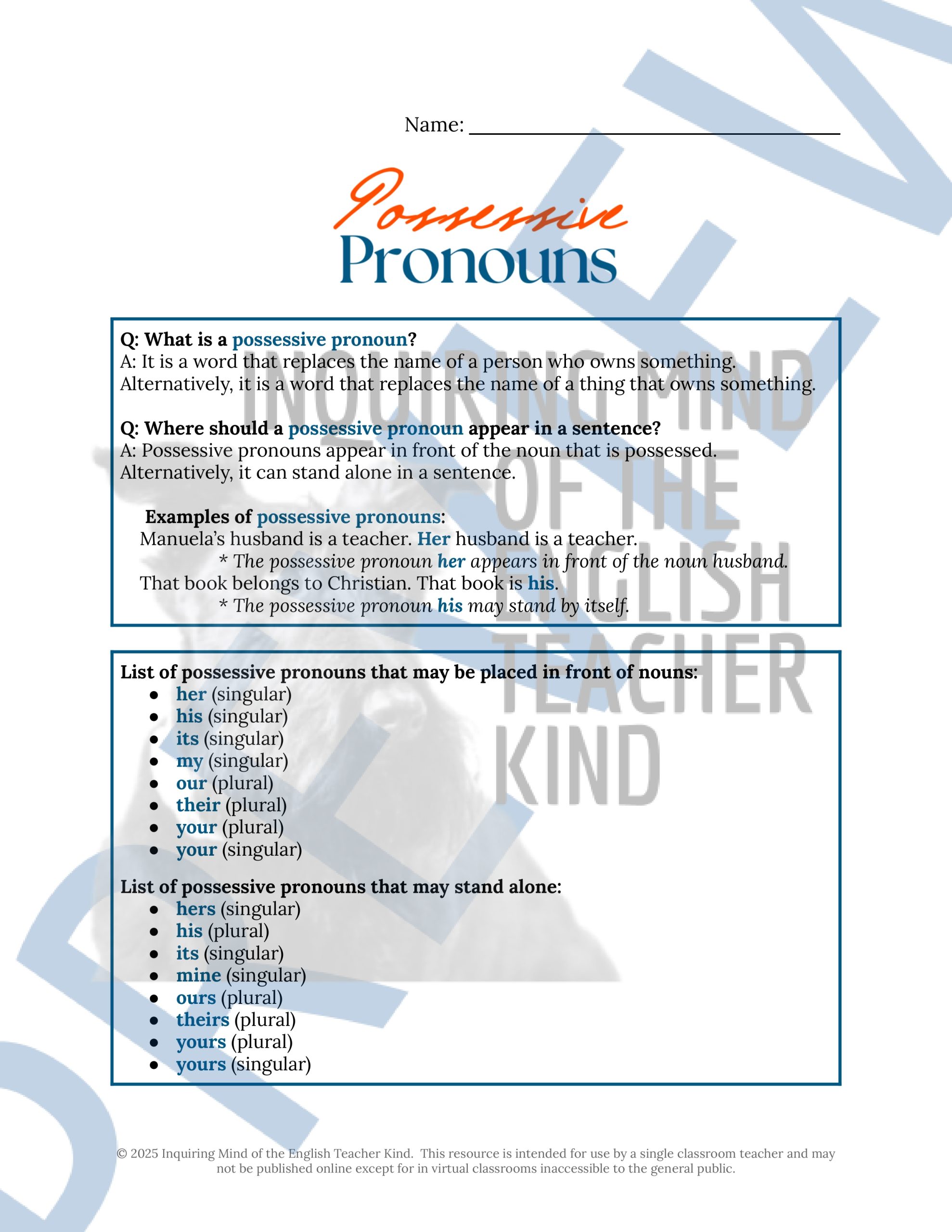 Grammar Review Worksheet on Possessive Pronouns | High School English ...