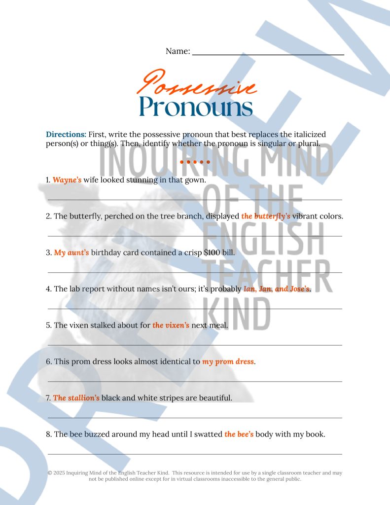 Grammar Review Worksheet on Possessive Pronouns | High School English ...