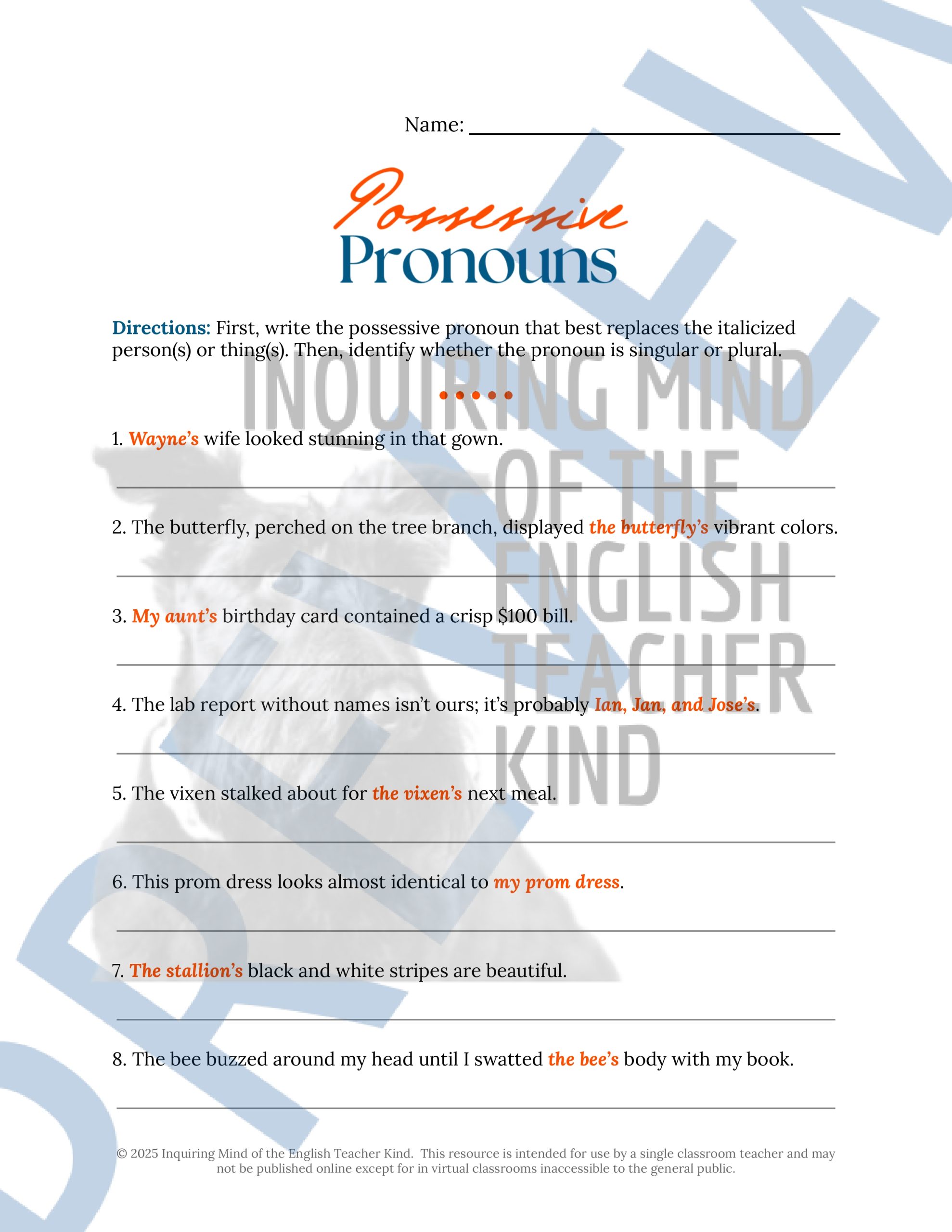 Grammar Review Worksheet on Possessive Pronouns | High School English ...