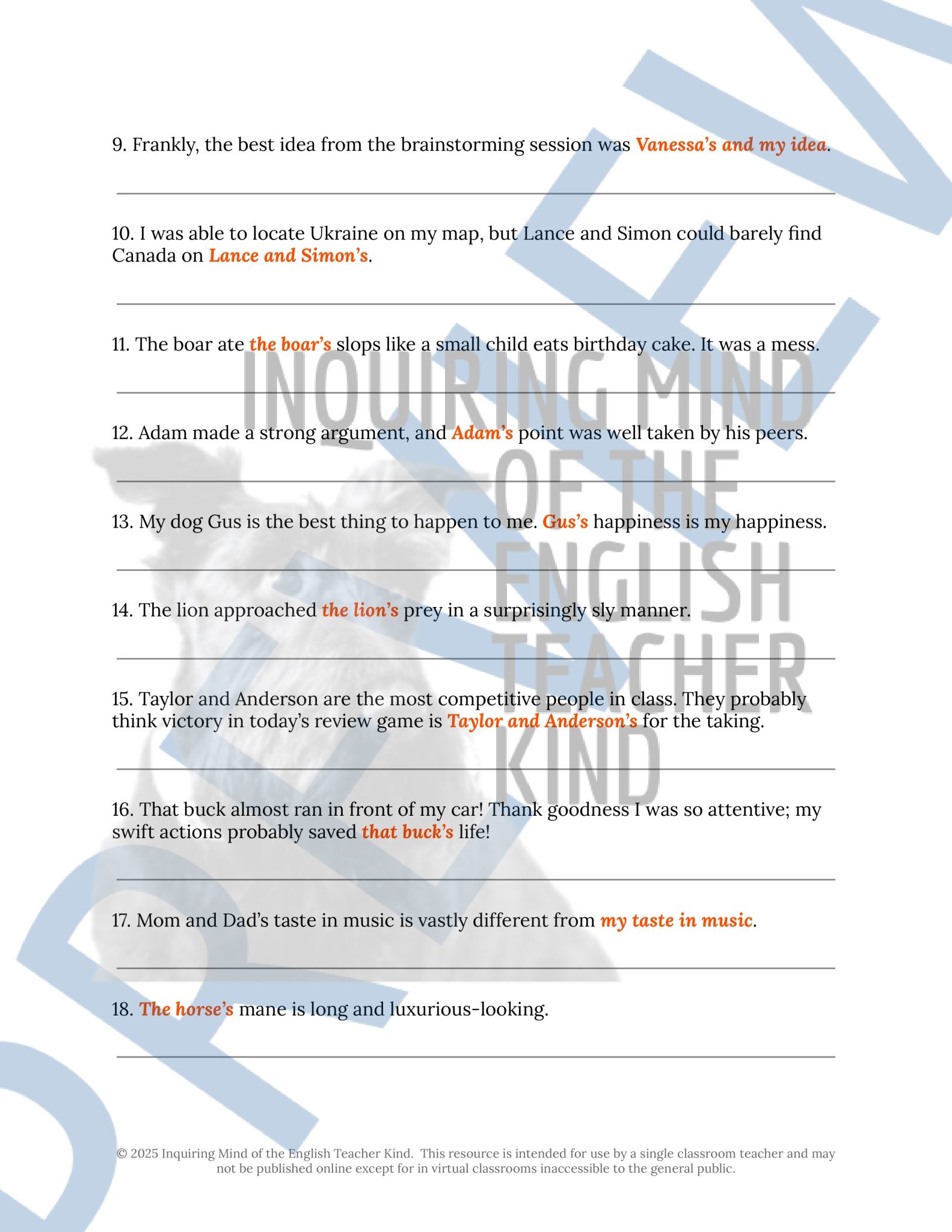Grammar Review Worksheet on Possessive Pronouns | High School English ...