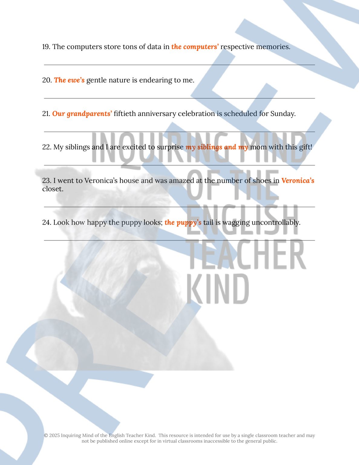 Grammar Review Worksheet on Possessive Pronouns | High School English ...