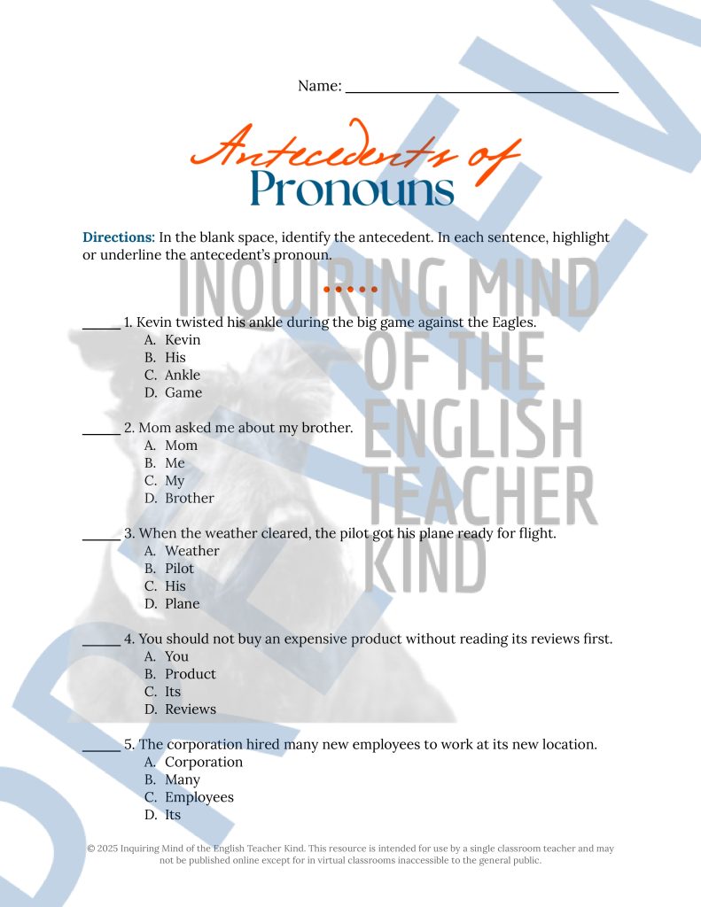 High School Grammar Practice Worksheet on Identifying Antecedents of ...