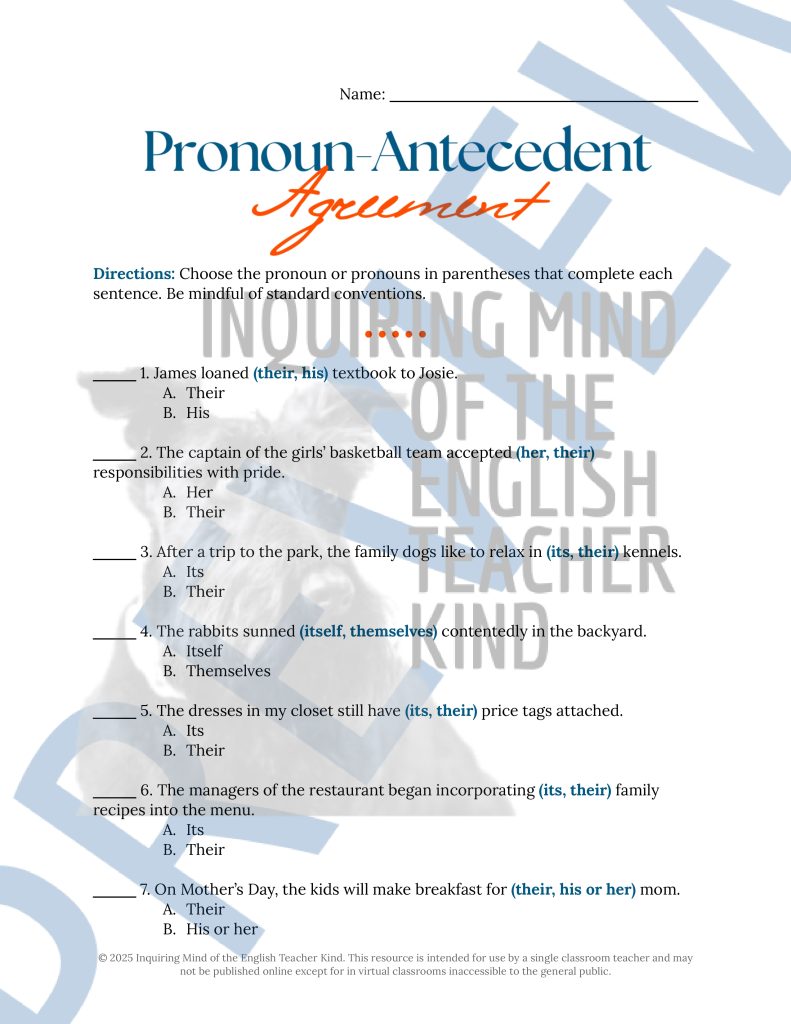 High School Grammar Practice Worksheet on Pronoun-Antecedent Agreement ...