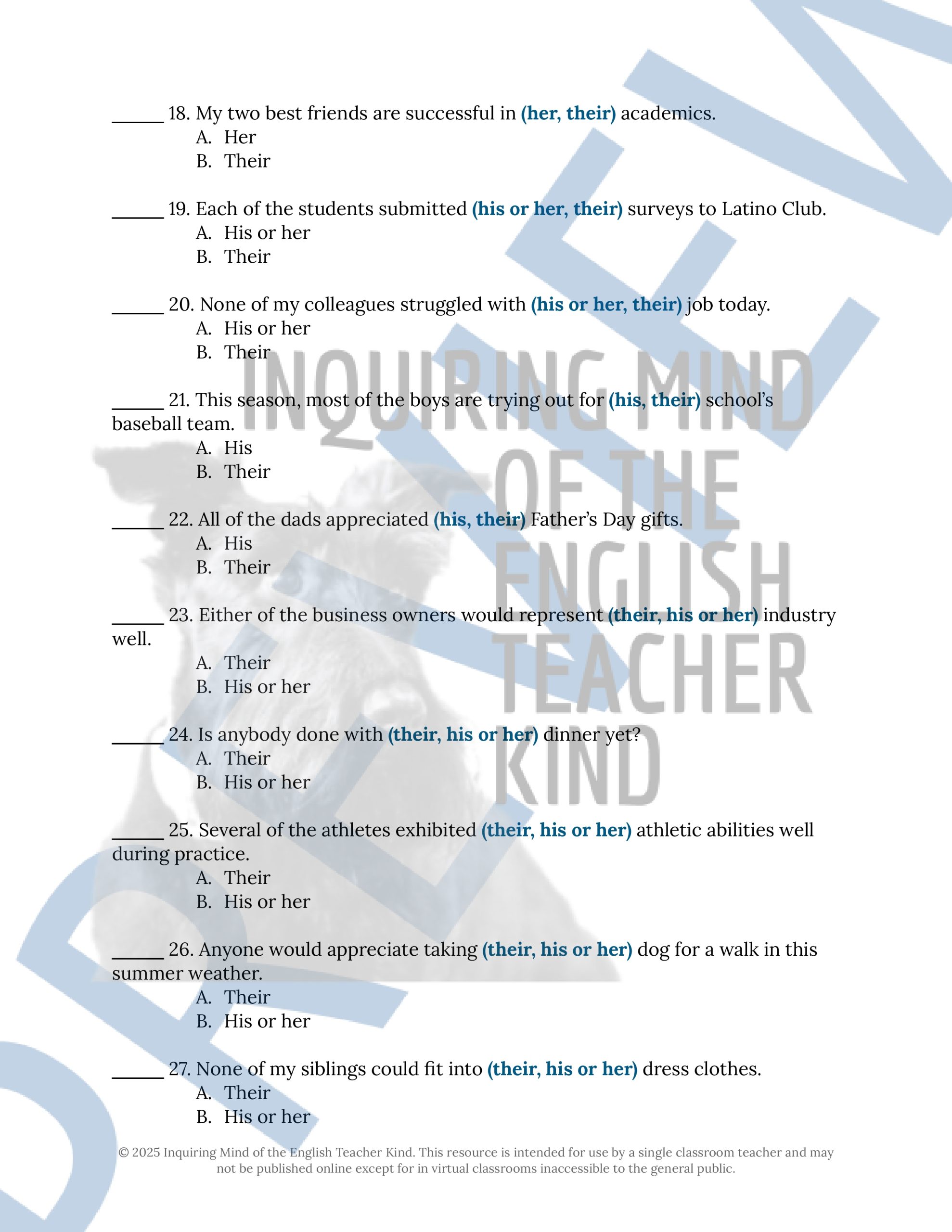 High School Grammar Practice Worksheet on Pronoun-Antecedent Agreement ...