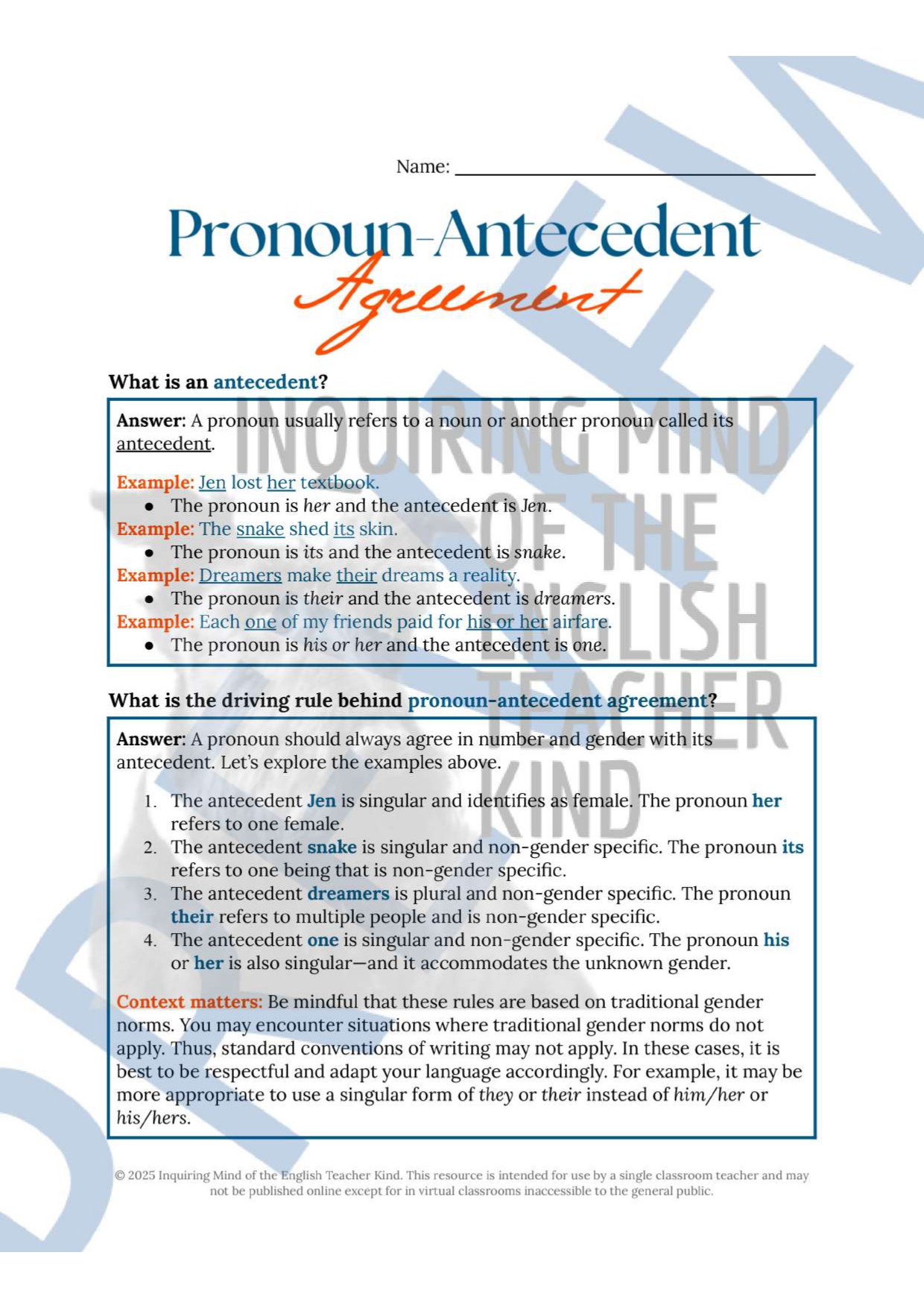 High School Grammar Practice Worksheet on Pronoun-Antecedent Agreement ...