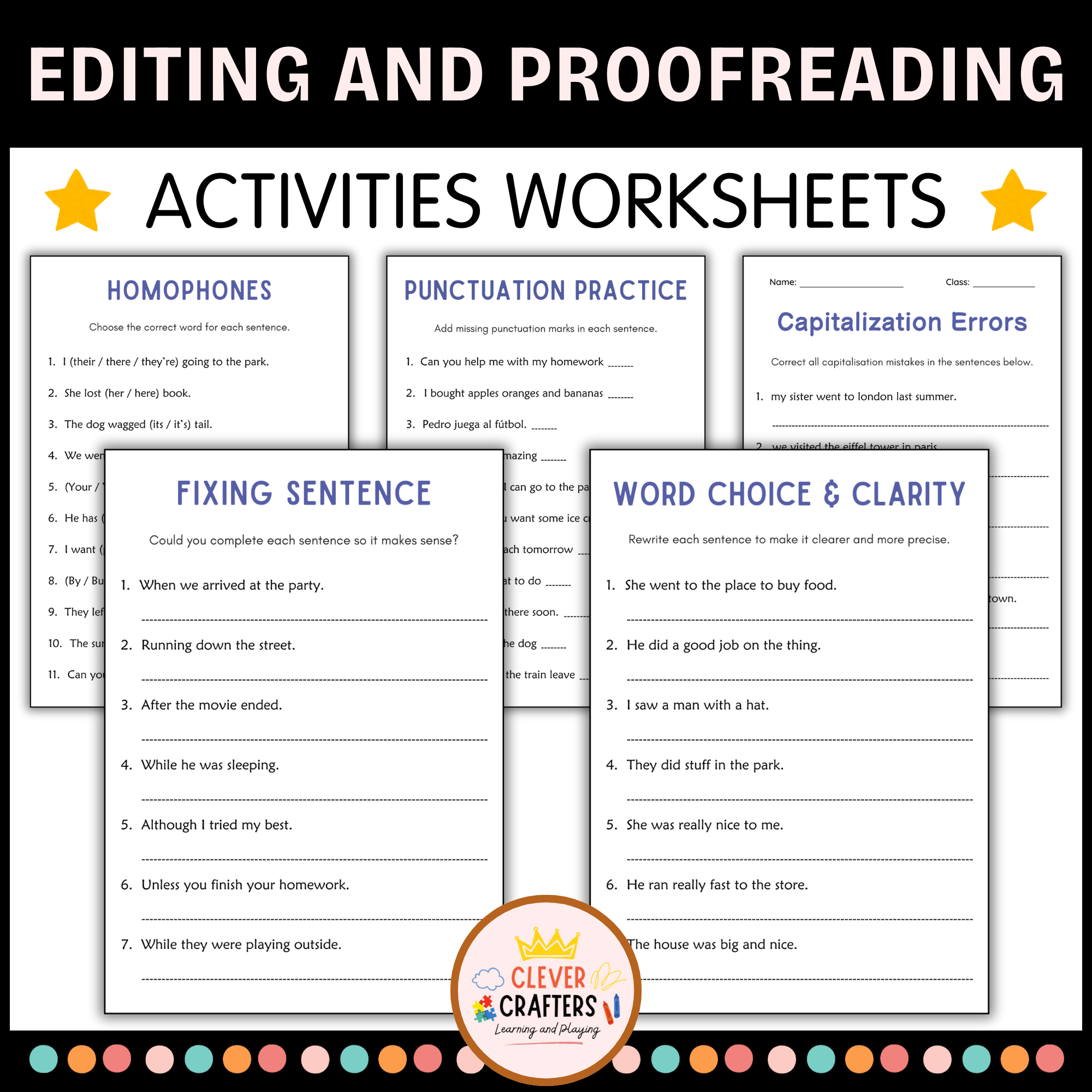 Editing and Proofreading Grammar Worksheets - Sentence Proofreading ...