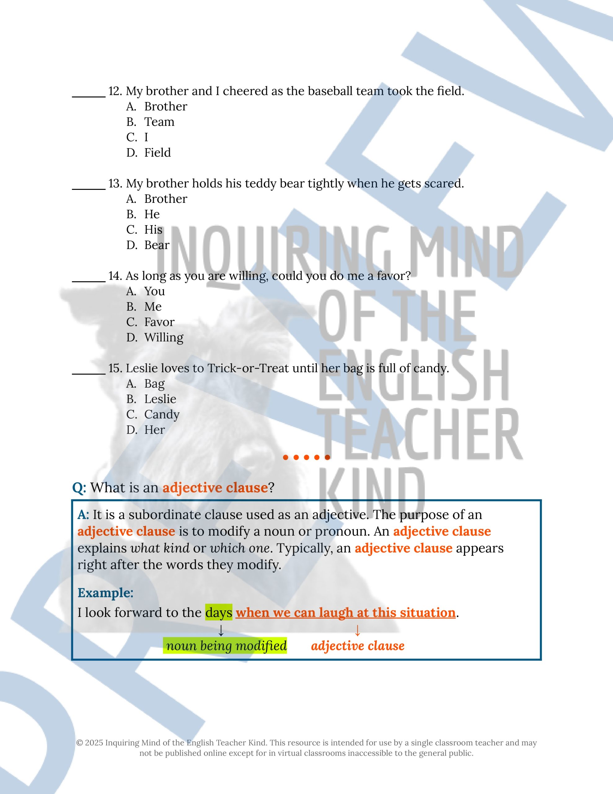 Grammar Practice Worksheet on Subordinate Clauses | High School English ...