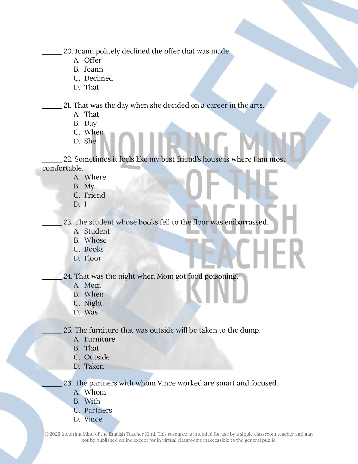 Grammar Practice Worksheet on Subordinate Clauses | High School English ...