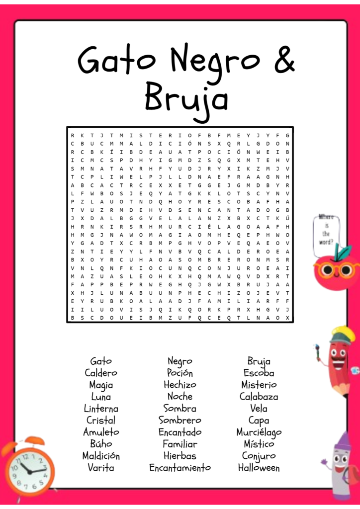 Spanish Black Cat Witch Word Search Puzzle Activity Worksheet | Made By ...