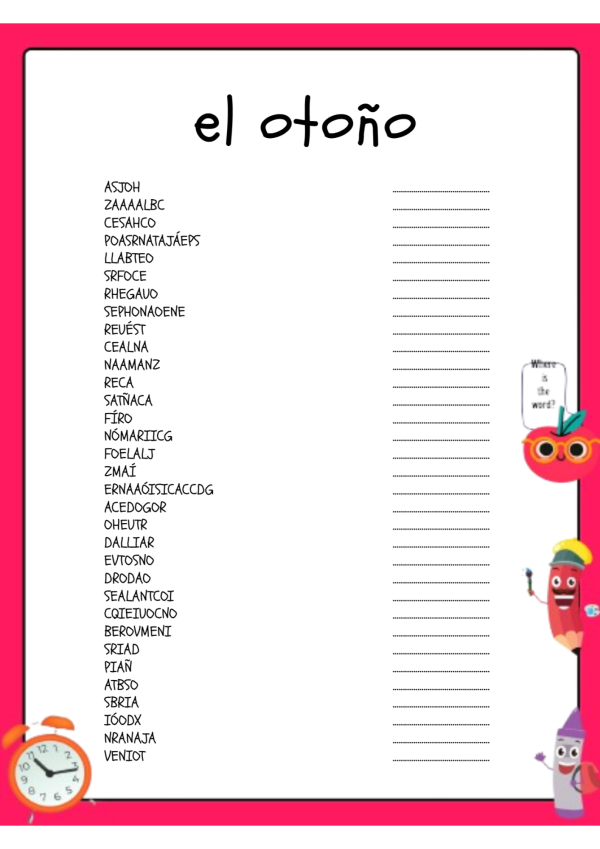 Spanish Autumn Vocabulary Word Scramble Puzzle Activity Worksheet ...