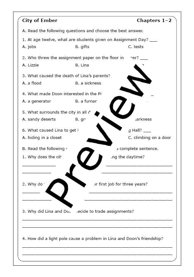 Jeanne DuPrau "City of Ember" worksheets | Made By Teachers
