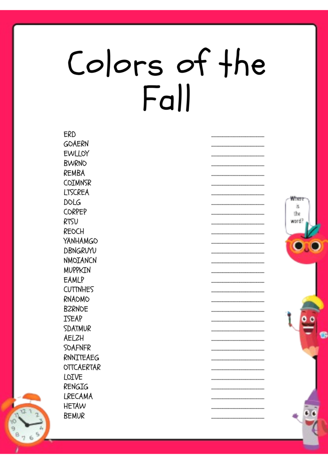 Colors of the Fall Word Scramble Puzzle | Made By Teachers