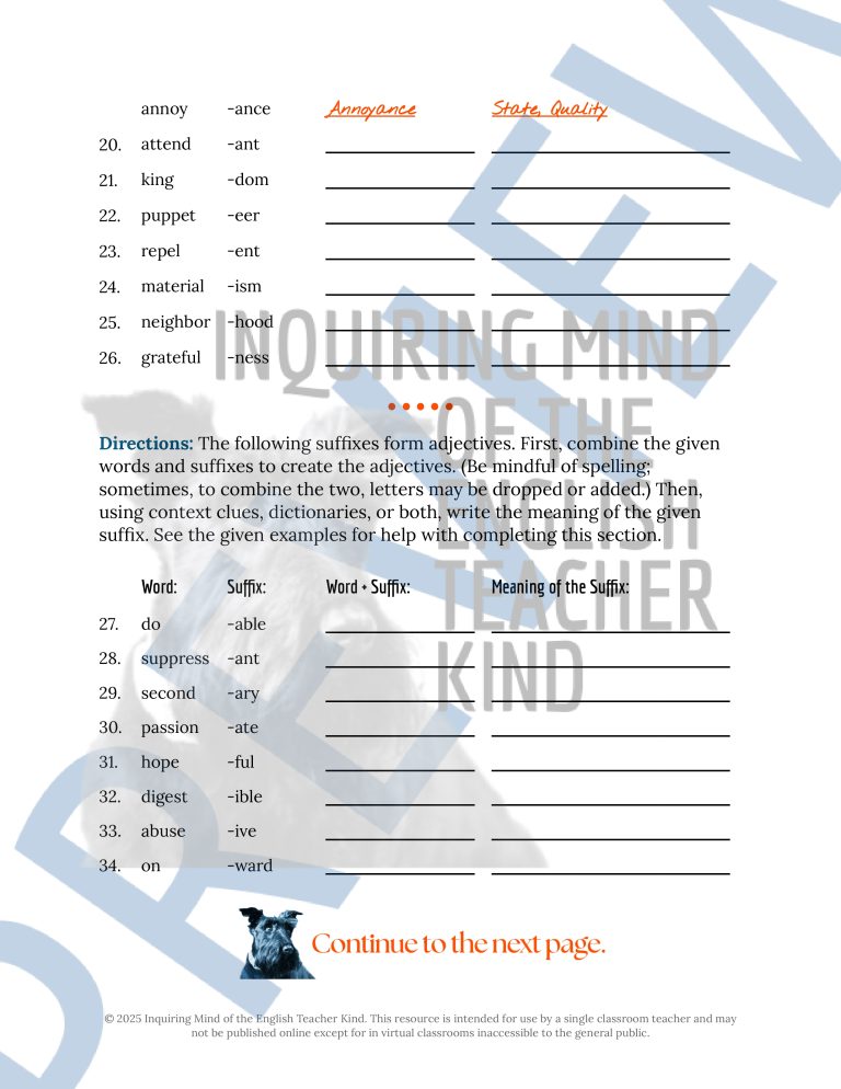 High School Grammar Review Worksheet on Prefixes, Suffixes, and Roots ...