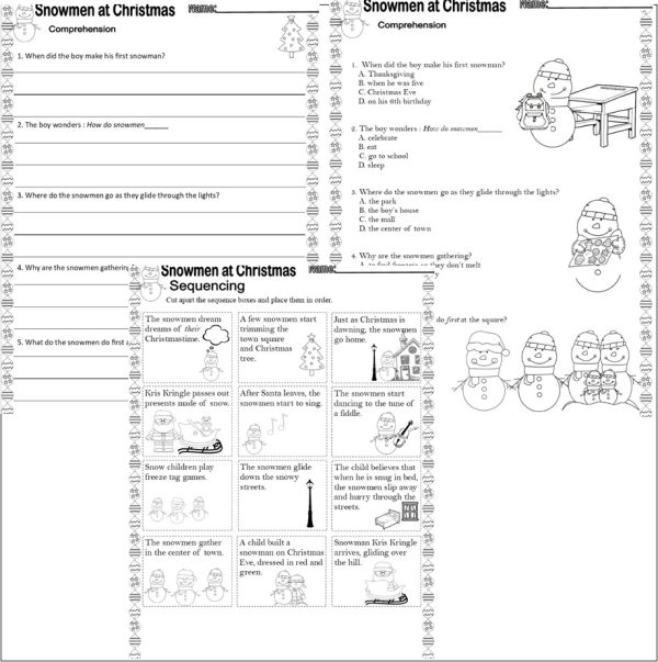 Snowmen at Christmas Reading Quiz Tests & Story Sequencing | Made By ...