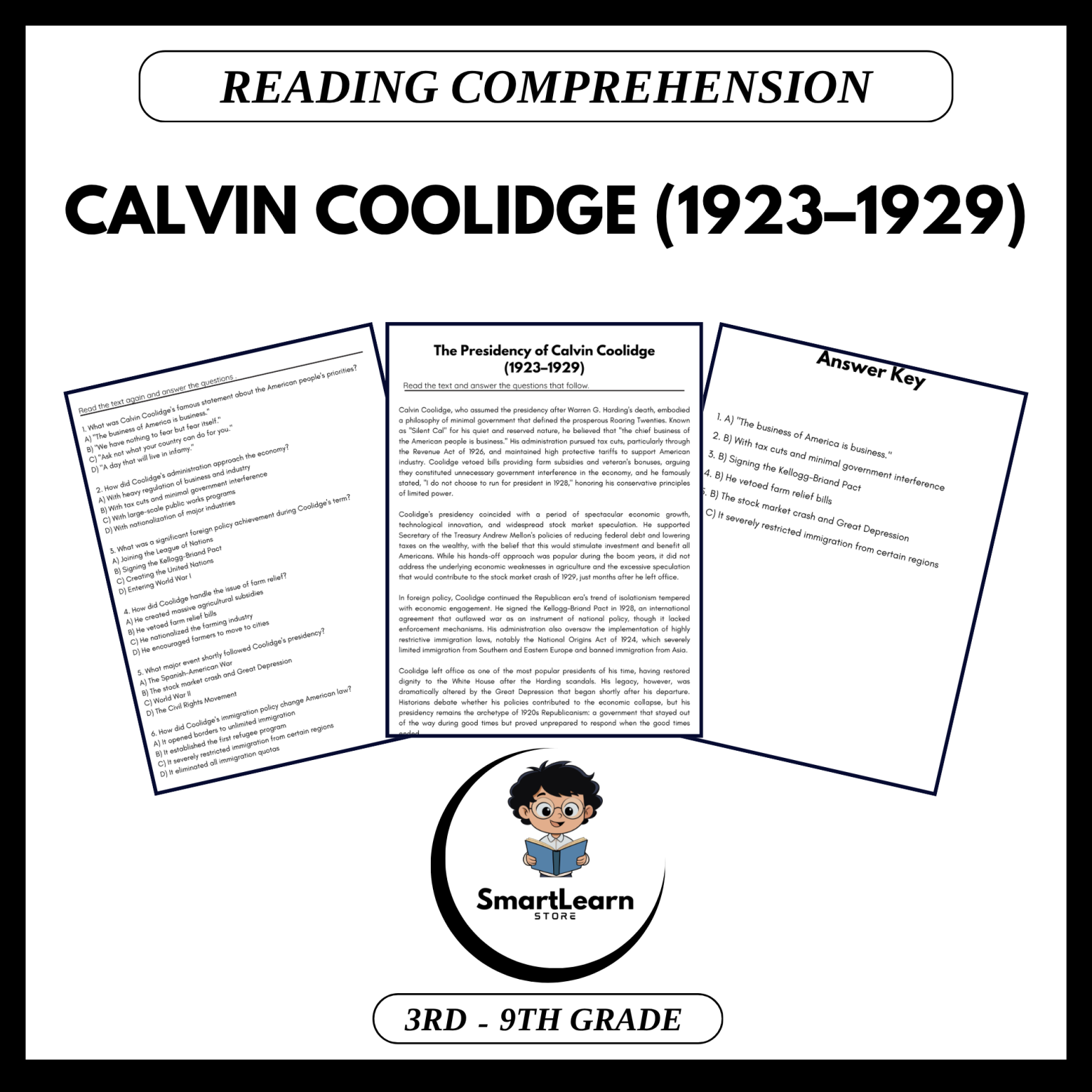 Calvin Coolidge Reading Comprehension Passages and Questions - Made By ...