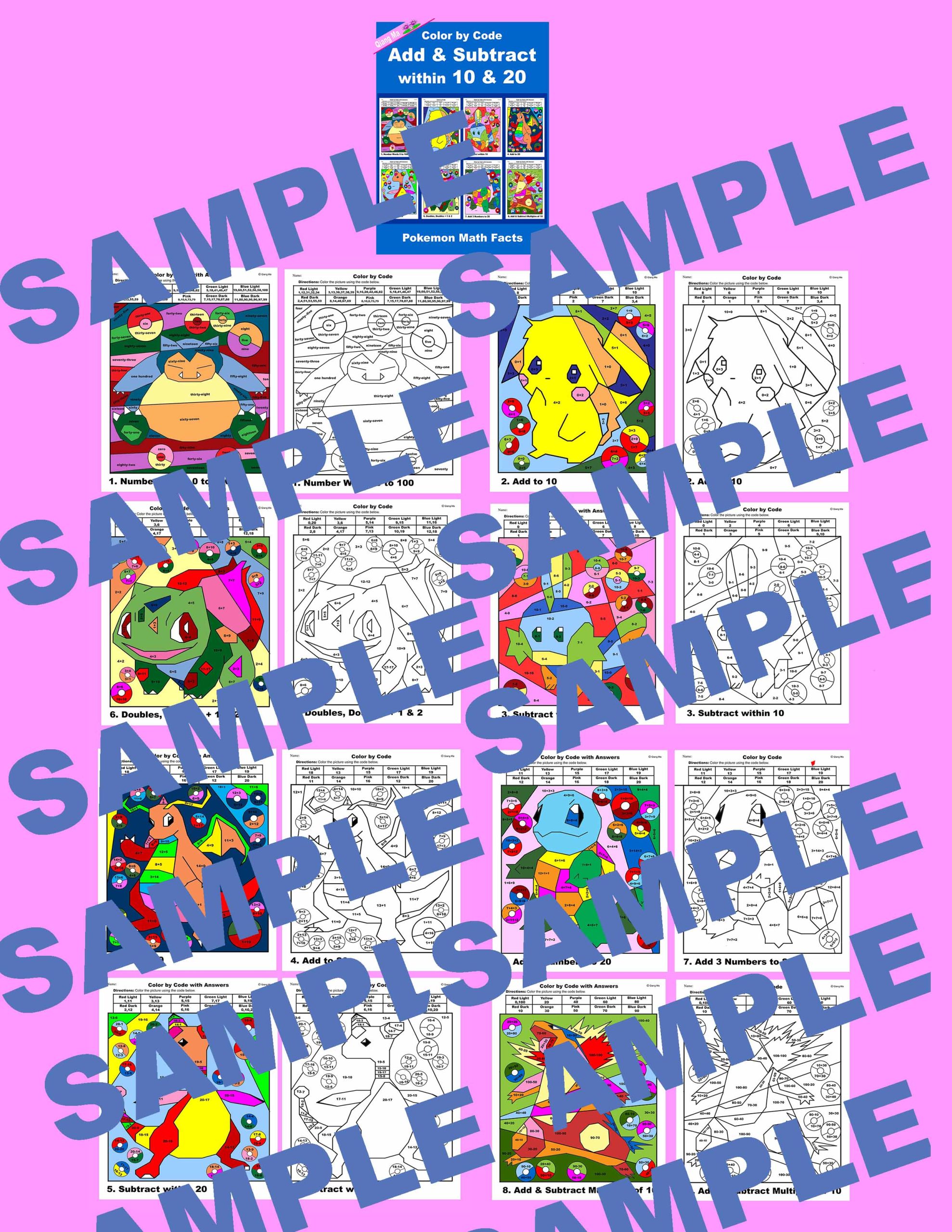 Pokemon Color by Code: Add and Subtract within 10 and 20 - Made By Teachers
