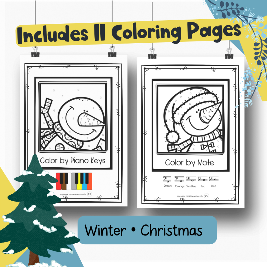 Winter Music Coloring Pages | Snowman Color by Note & Piano Keys ...
