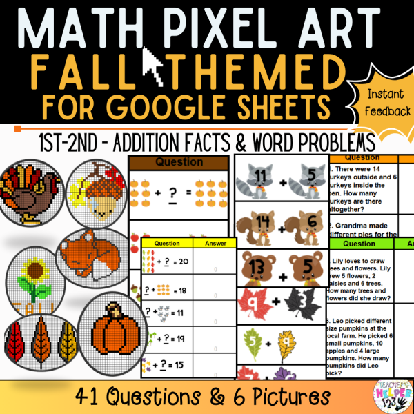 6 Pixel Art | Fall | 1st-2nd Math | Digital Word Problem/Adding/Unknown ...