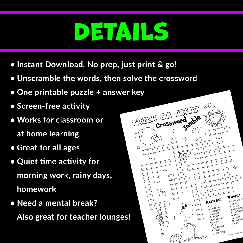 Halloween Crossword Puzzle | Printable Fall Word Scramble Activity ...