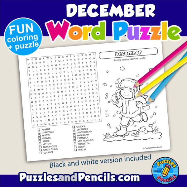 December Word Search Puzzle Activity and Coloring | December Wordsearch ...