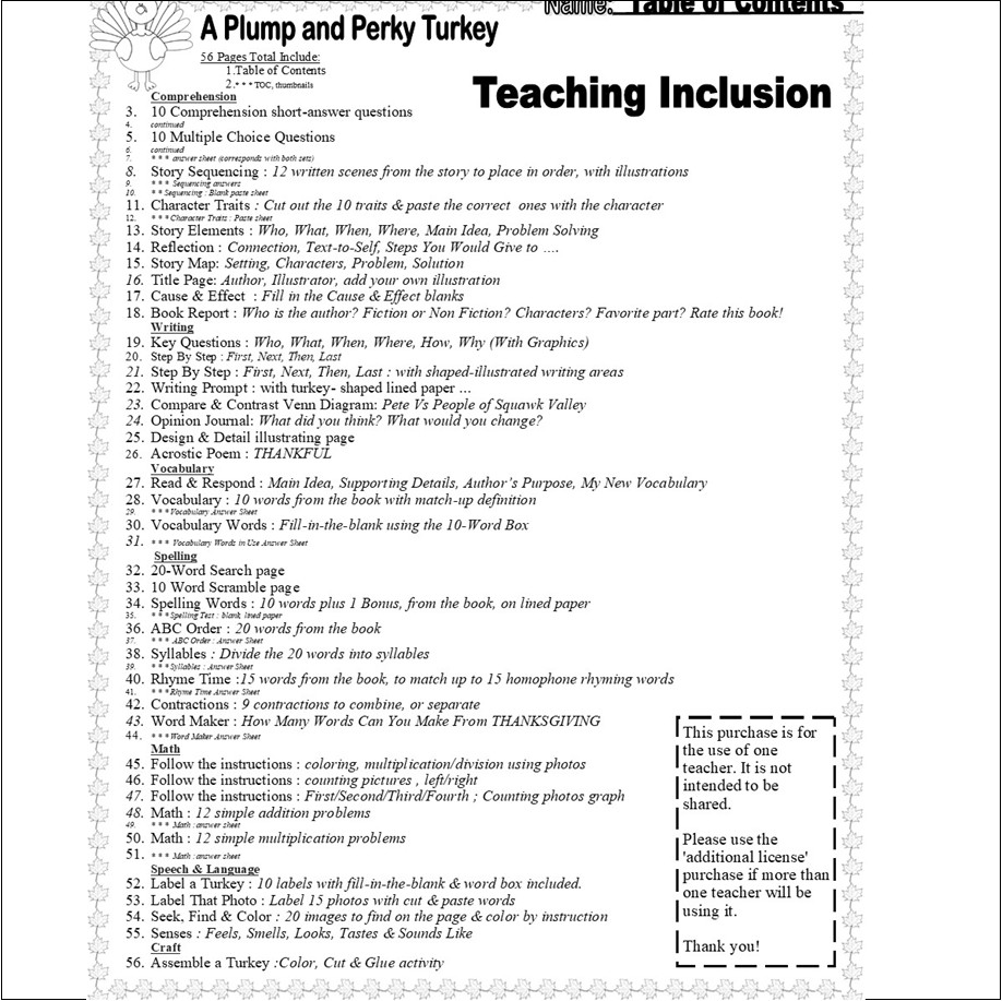 Plump Perky Turkey Thanksgiving Read Along Book Study Companion Reading ...