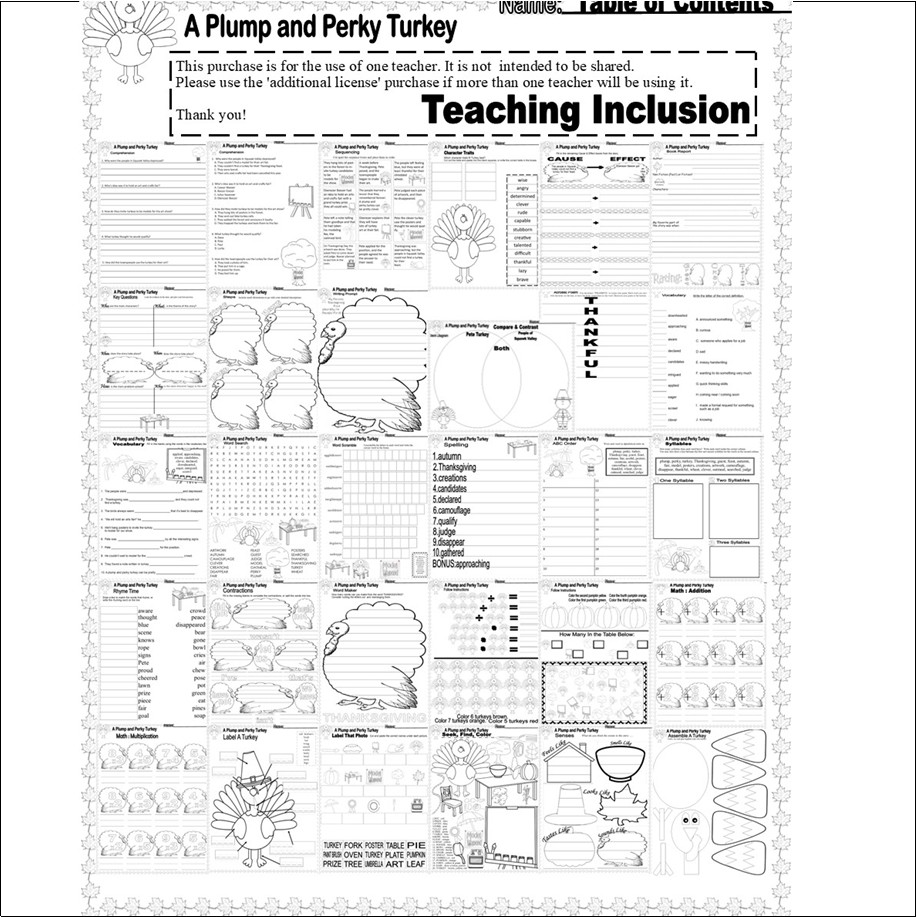 Plump Perky Turkey Thanksgiving Read Along Book Study Companion Reading ...