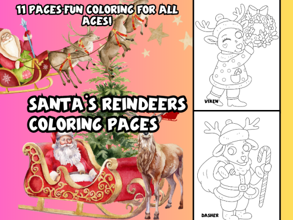 Santa’s Reindeers Coloring Pages—A festive 11-page printable featuring ...