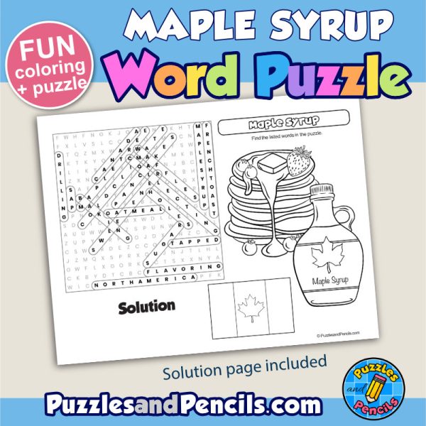Maple Syrup Word Search Puzzle Activity Page with Coloring | Wordsearch ...