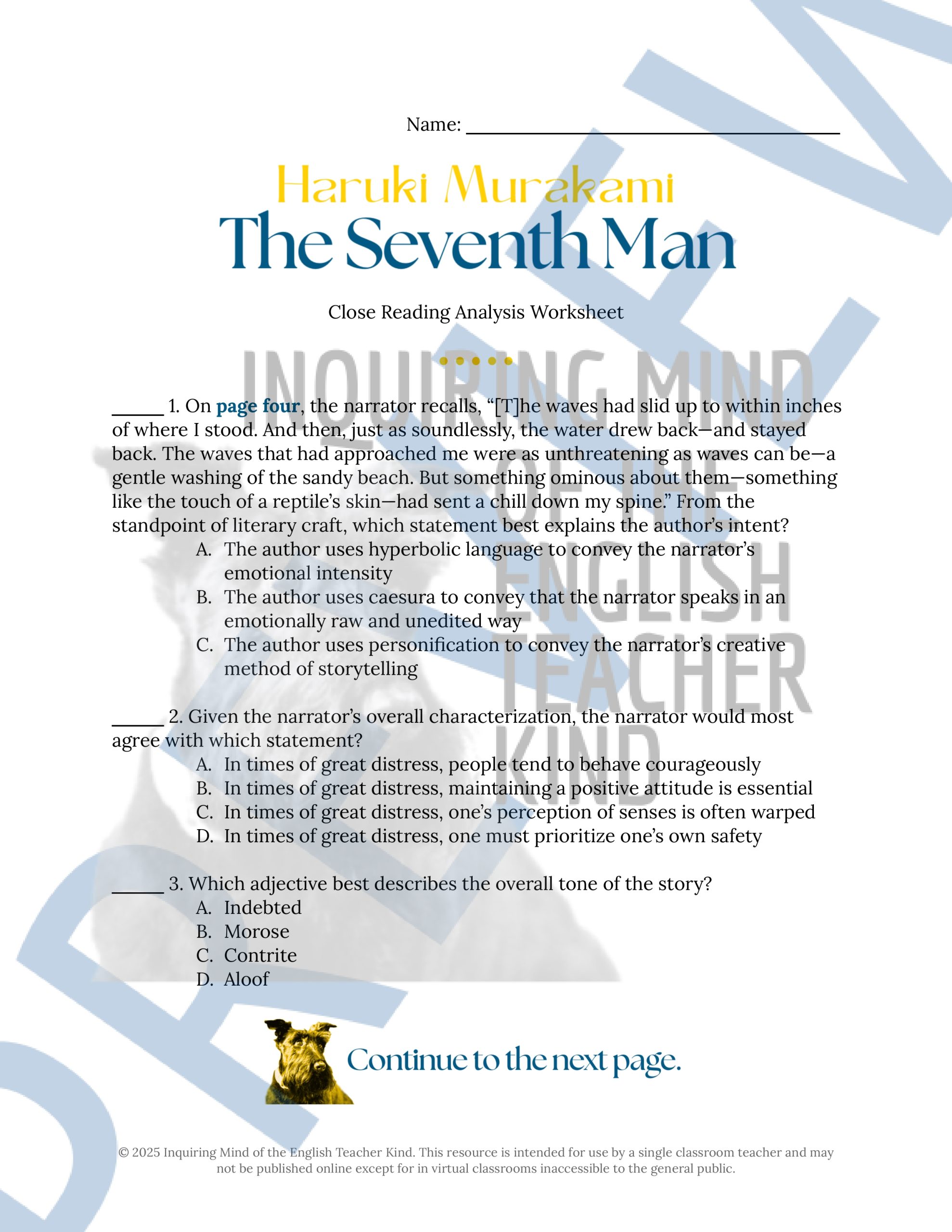 "The Seventh Man" by Haruki Murakami Quiz, Analysis Worksheet, and ...