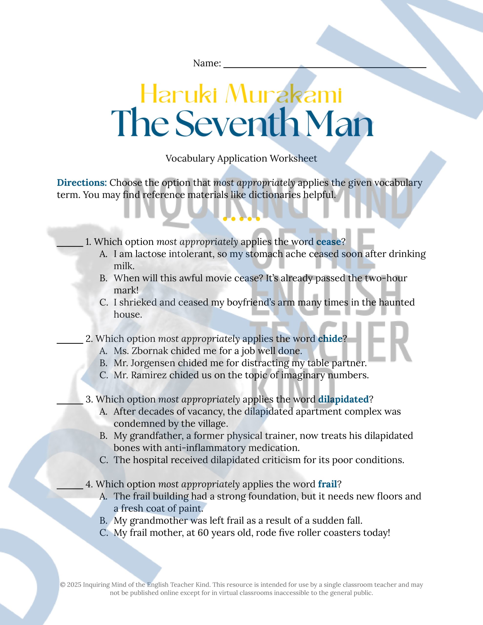 "The Seventh Man" by Haruki Murakami Quiz, Analysis Worksheet, and ...