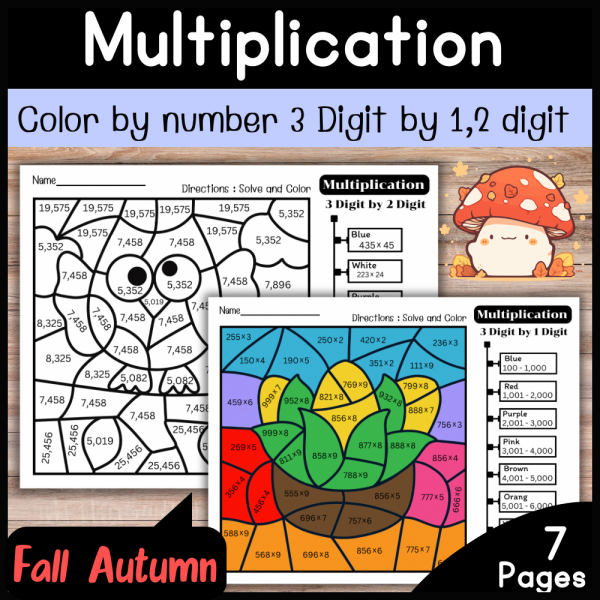 Fall Multiplication Color by Number | 3-Digit by 1 & 2-Digit | Autumn ...