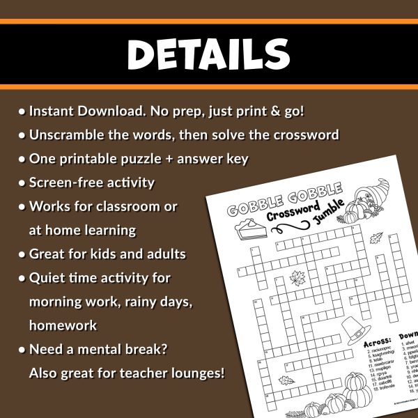 Thanksgiving Crossword Puzzle | Fall Word Scramble | Printable Autumn ...