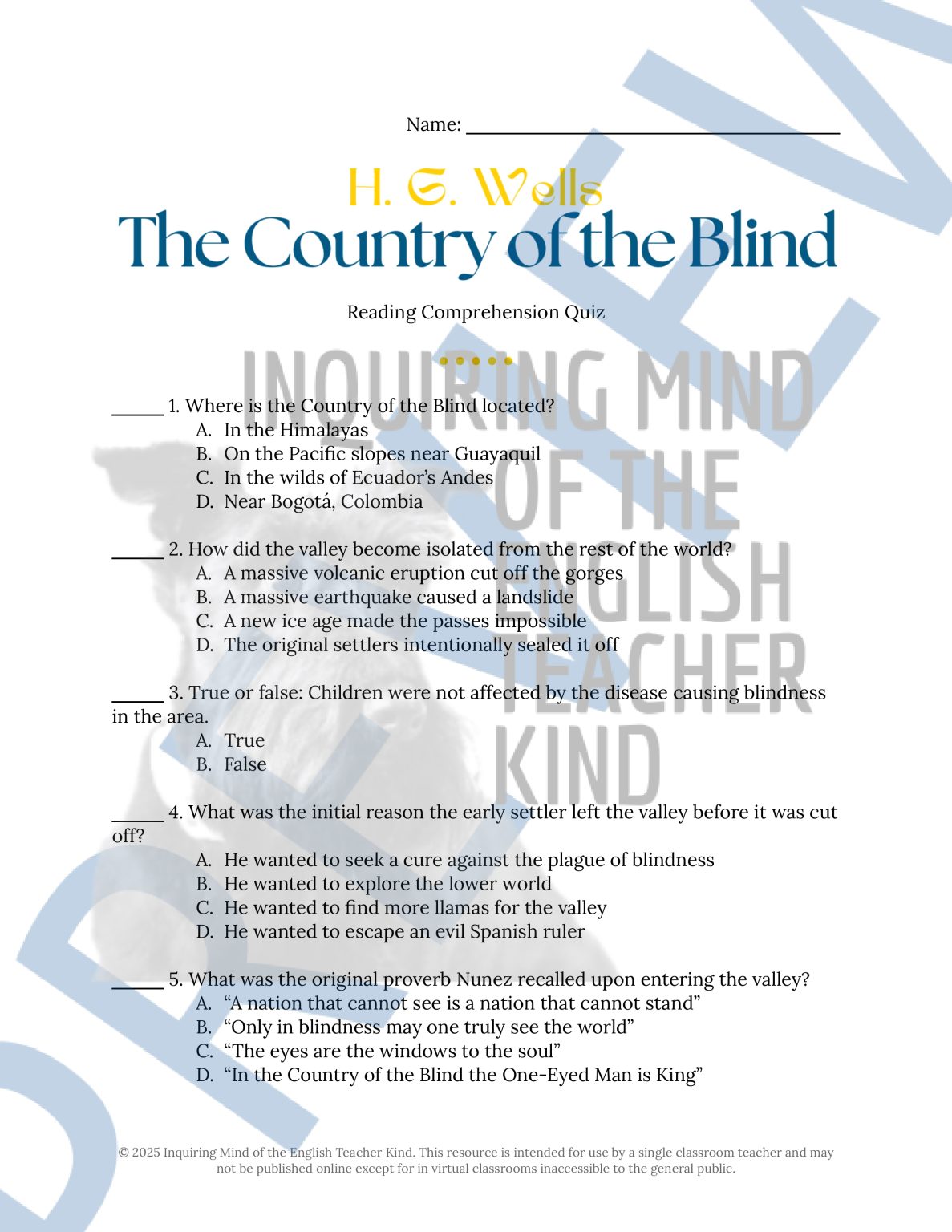 "The Country of the Blind" by H. G. Wells Quiz, Analysis Worksheet, and ...