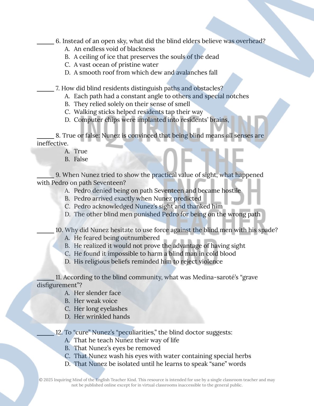 "The Country of the Blind" by H. G. Wells Quiz, Analysis Worksheet, and ...