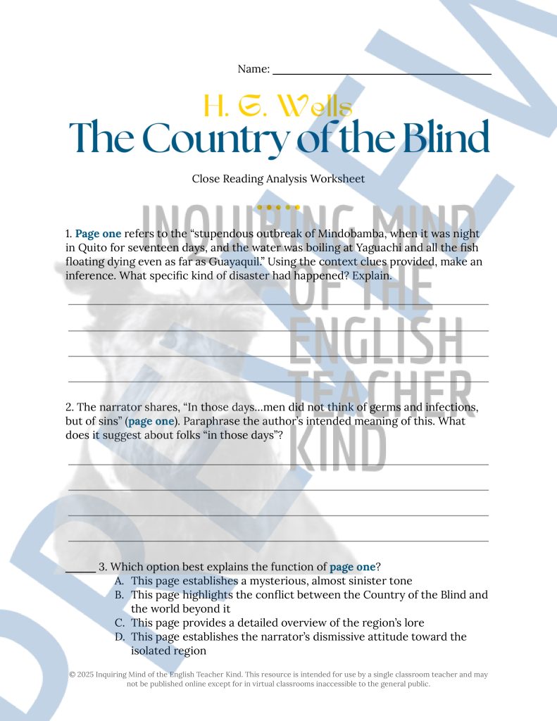 "The Country of the Blind" by H. G. Wells Quiz, Analysis Worksheet, and ...