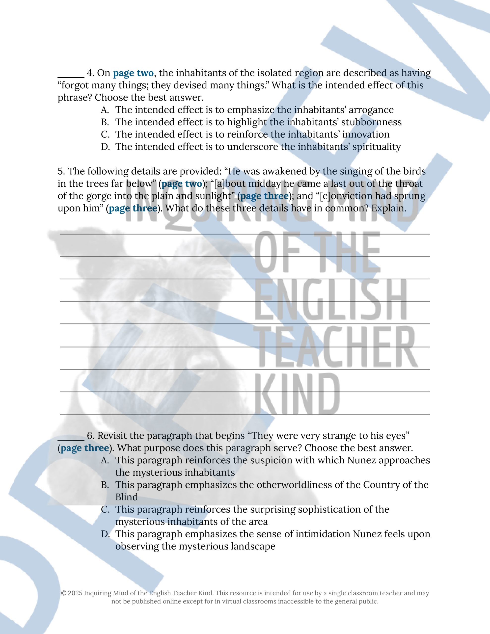 "The Country of the Blind" by H. G. Wells Quiz, Analysis Worksheet, and ...