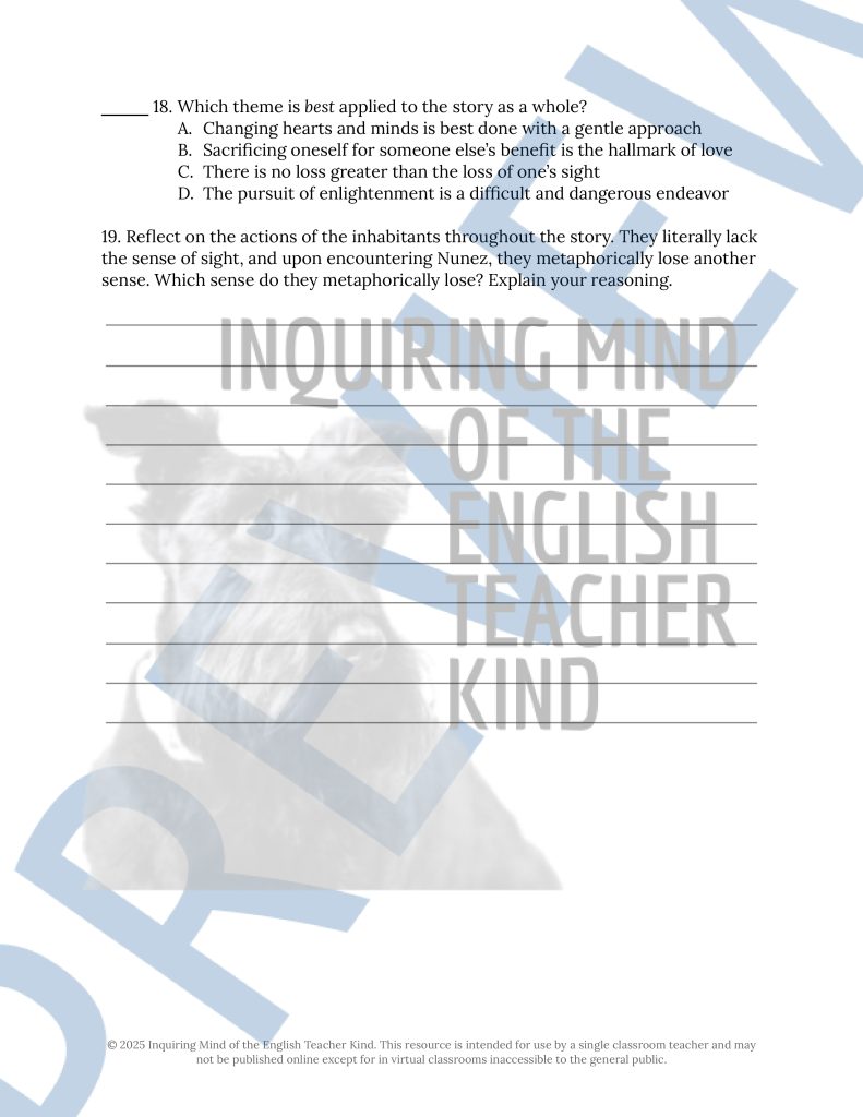 "The Country of the Blind" by H. G. Wells Quiz, Analysis Worksheet, and ...