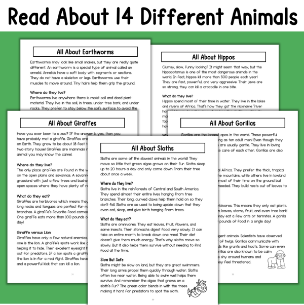 Animal Adaptations Nonfiction Reading Comprehension Passages 2nd 3rd ...
