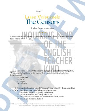 "The Censors" by Luisa Valenzuela Quiz, Analysis Worksheet, and ...