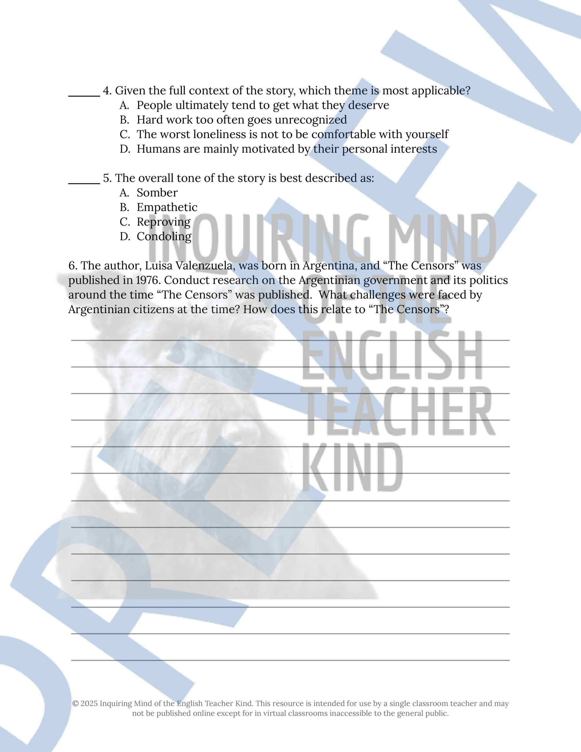 "The Censors" by Luisa Valenzuela Quiz, Analysis Worksheet, and ...