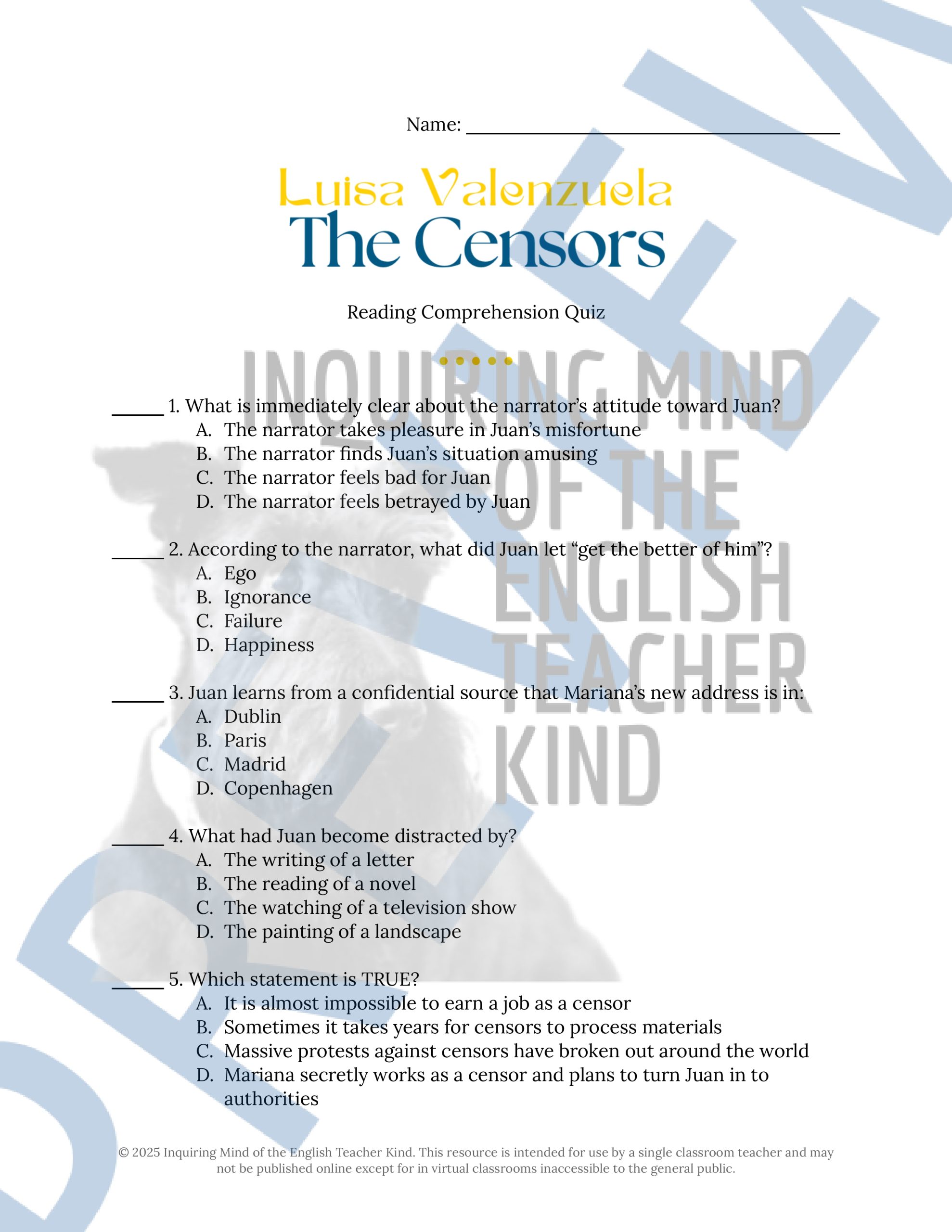 "The Censors" by Luisa Valenzuela Quiz, Analysis Worksheet, and ...