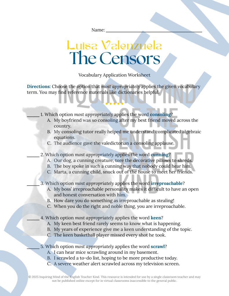 "The Censors" by Luisa Valenzuela Quiz, Analysis Worksheet, and ...