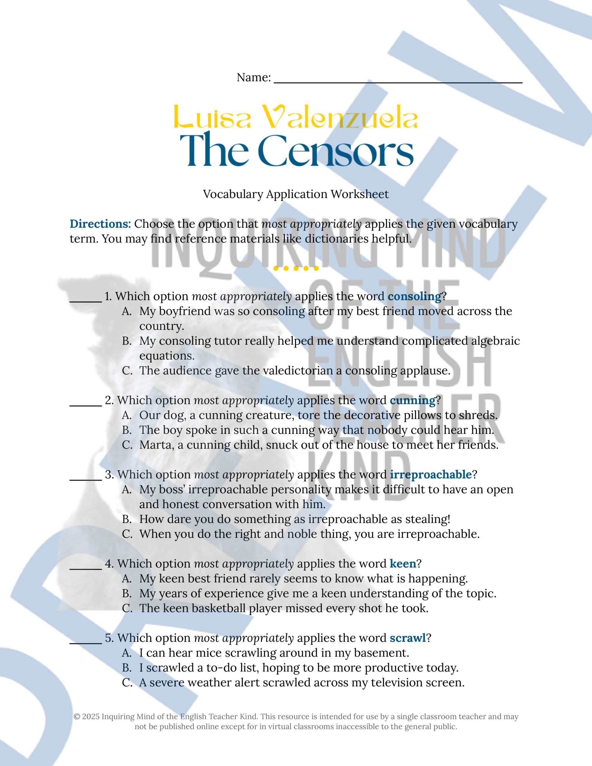 "The Censors" by Luisa Valenzuela Quiz, Analysis Worksheet, and ...