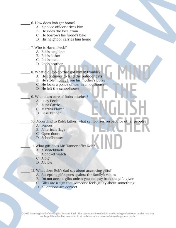 A Day No Pigs Would Die Chapters 1, 2, and 3 Quiz and Answer Key ...