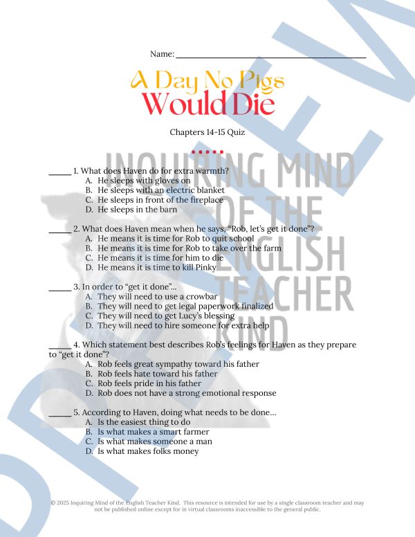 A Day No Pigs Would Die Chapters 14 and 15 Quiz and Key | Reading ...