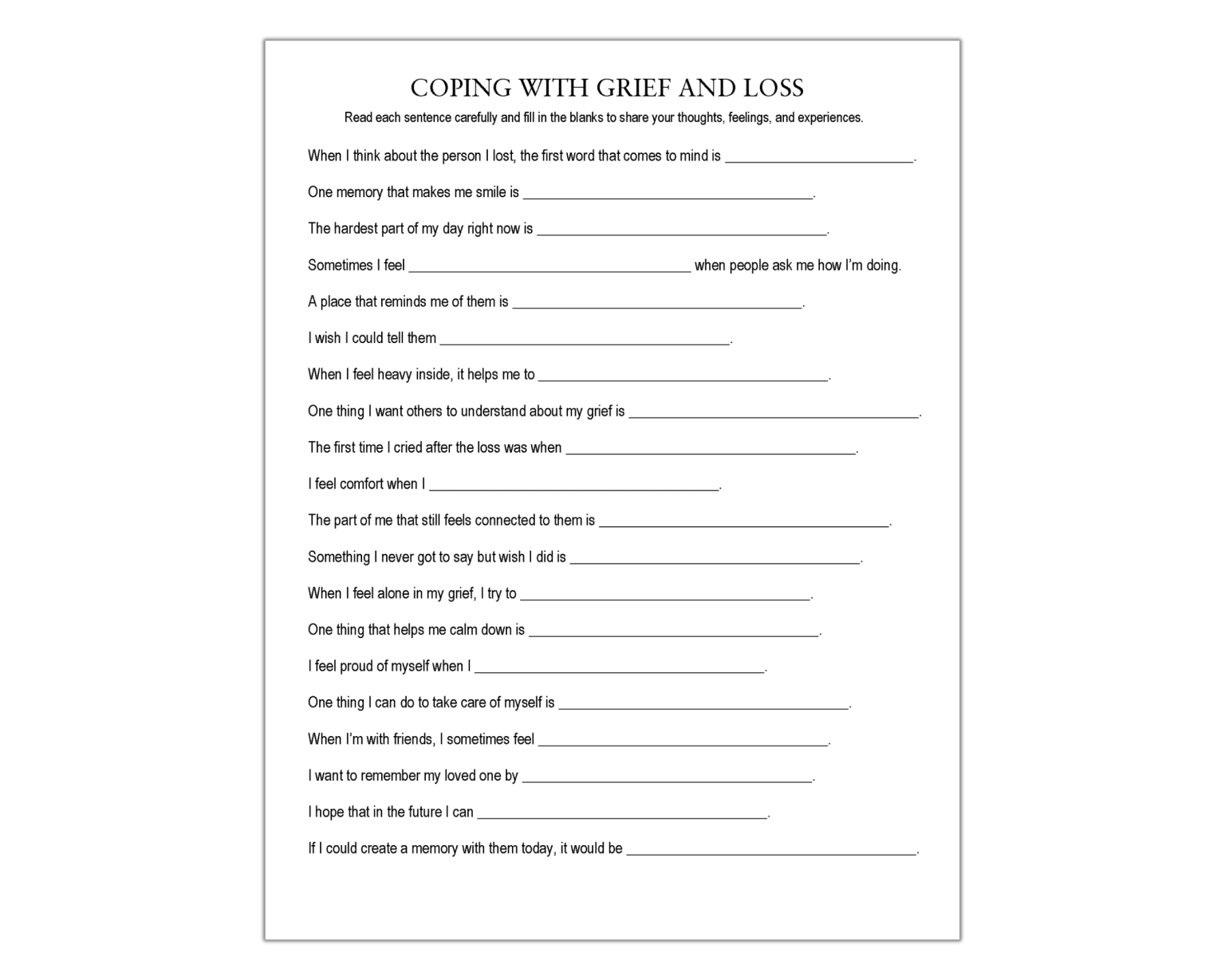 Coping With Grief and Loss Worksheet, Grief Counseling, Grief Worksheet ...
