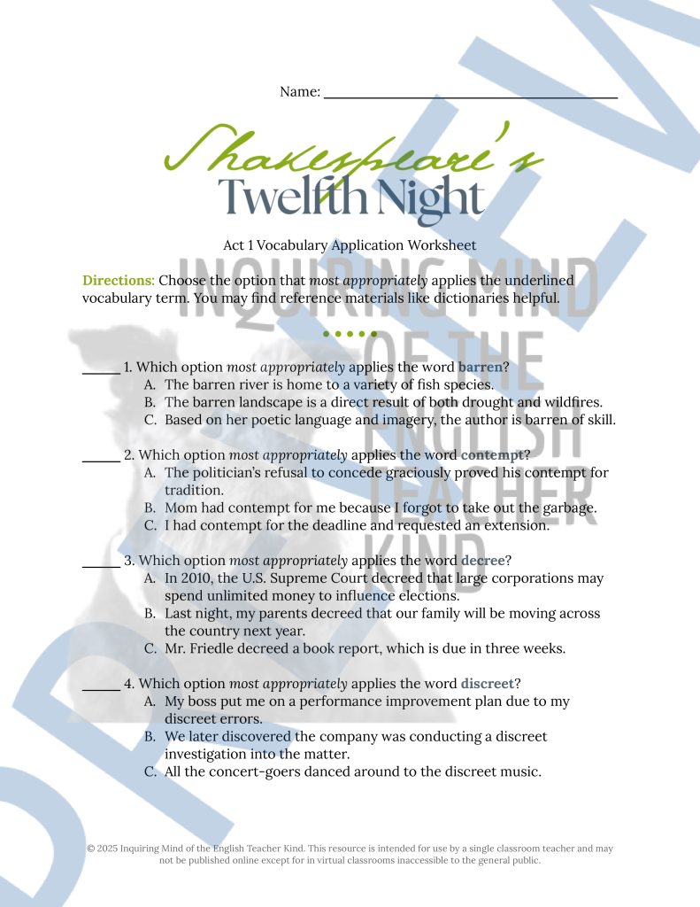 Twelfth Night Act 1 Vocabulary Activities | Word Search | Crossword ...